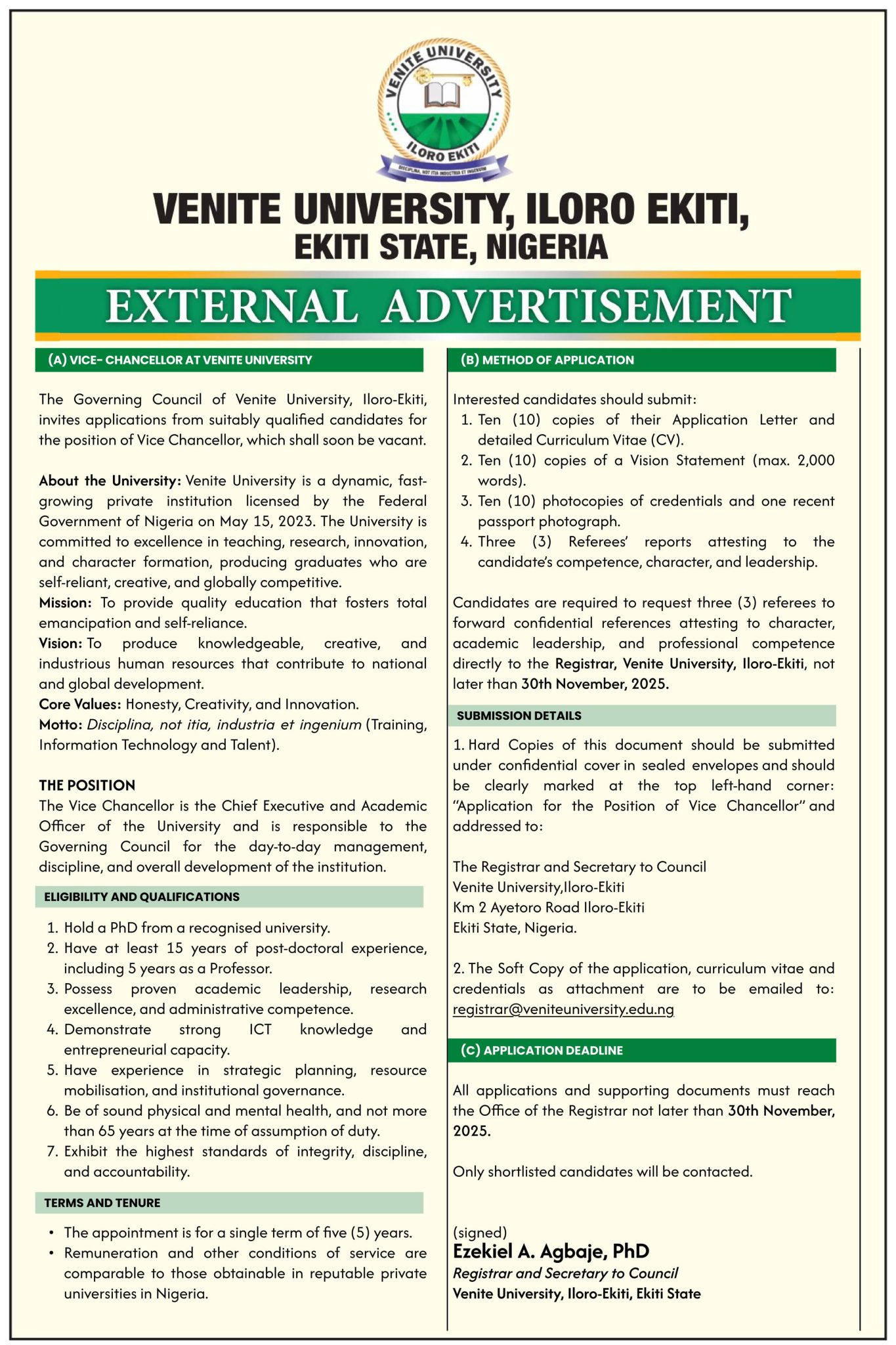 Venite University Opens Application for Vice Chancellor Position ...